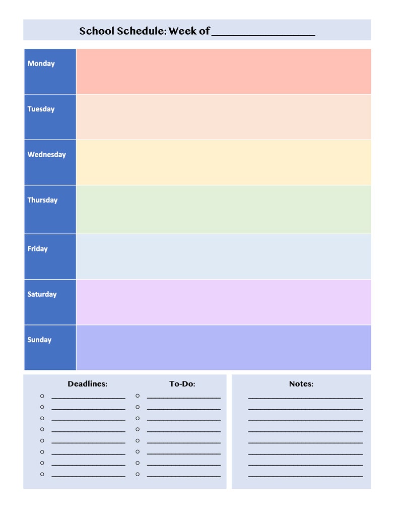 Weekly School Schedule Printable PDF - Etsy