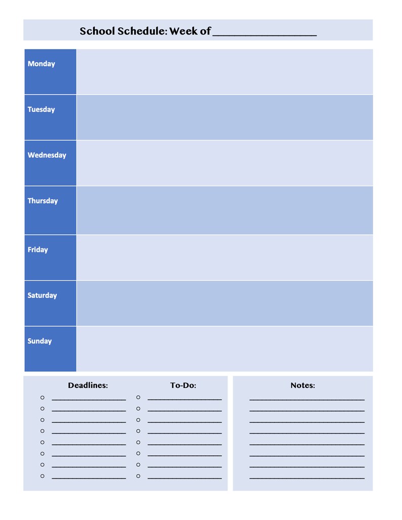 Weekly School Schedule Printable PDF - Etsy