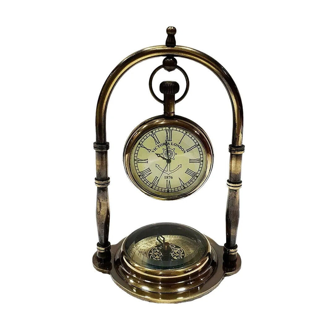Brass Desk Clock With Working Compass, Birthday Gifts, Fathers Day ...
