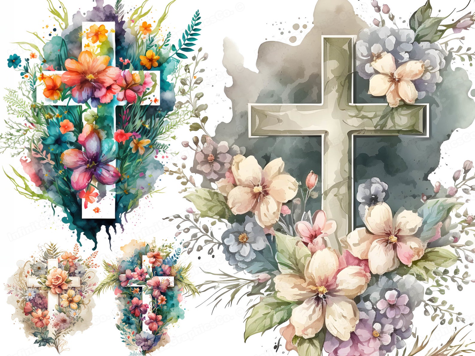 18 Flower Cross Watercolor Clipart, High-quality Jpgs, Religious ...