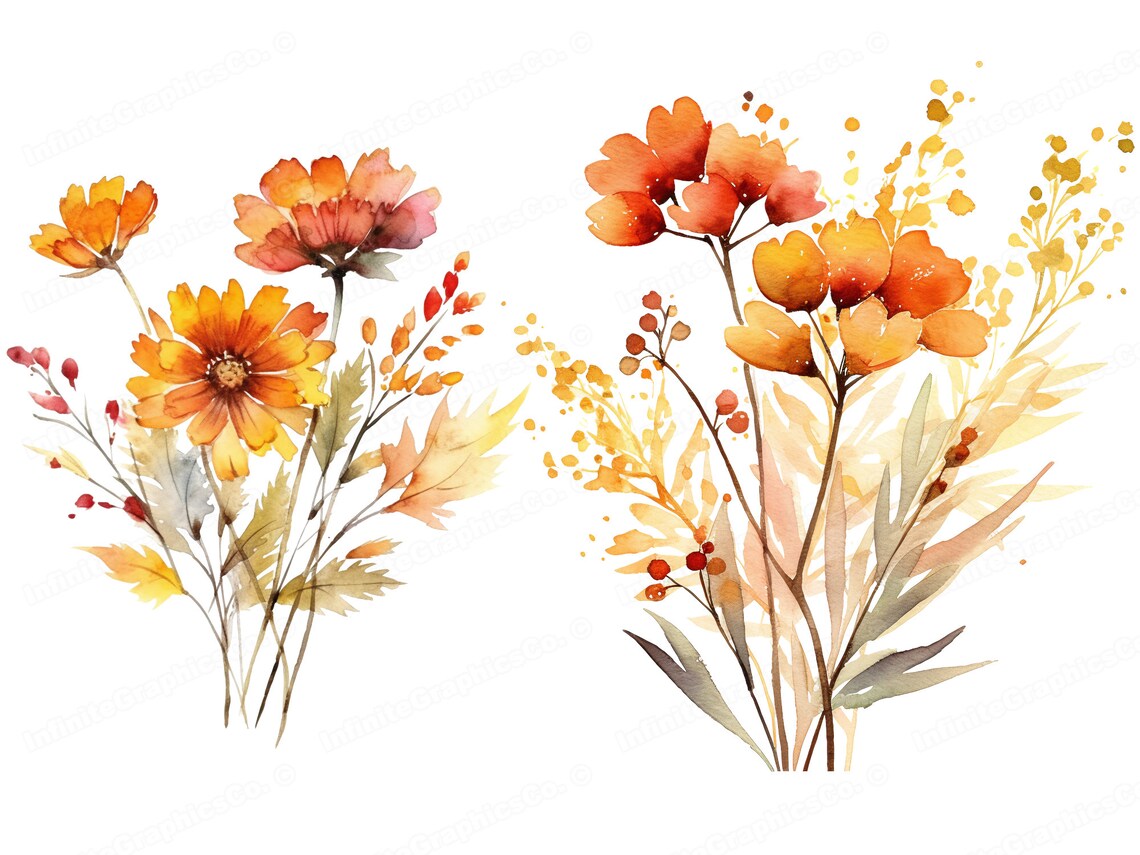 Watercolor Autumn Flowers Clipart, Autumn Floral Decor, Autumn Clip Art ...