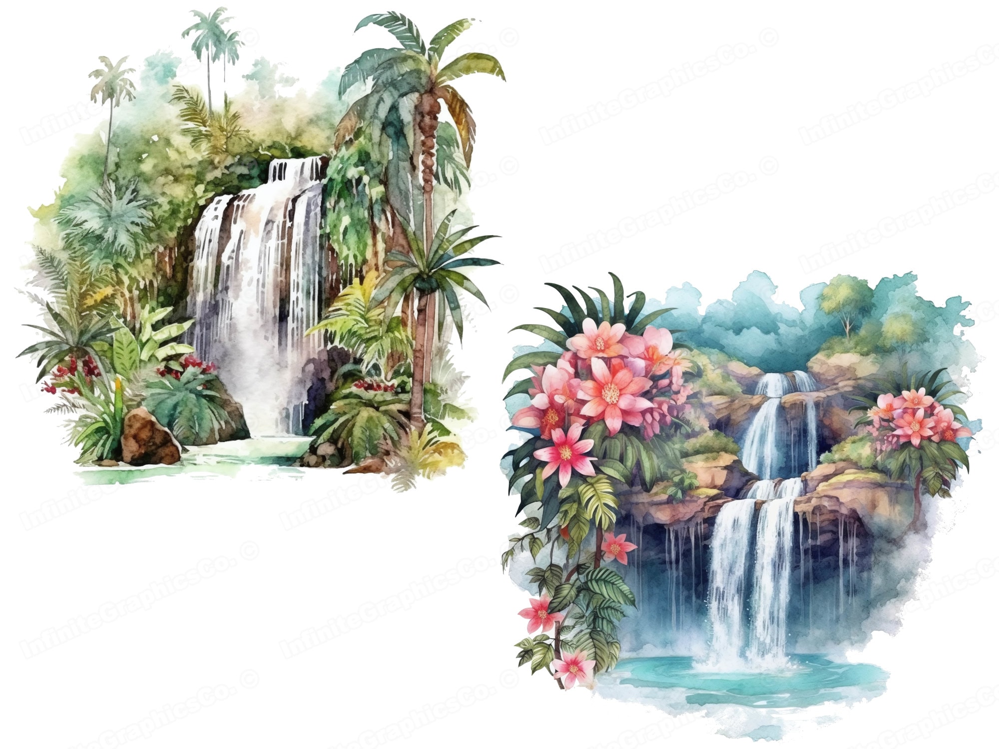 Watercolor Tropical Waterfall Clipart, Tropics Clipart, Tropical ...