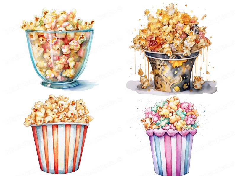 Watercolor Popcorn Clipart, Movie Watercolor Clipart, Cinema Clipart ...