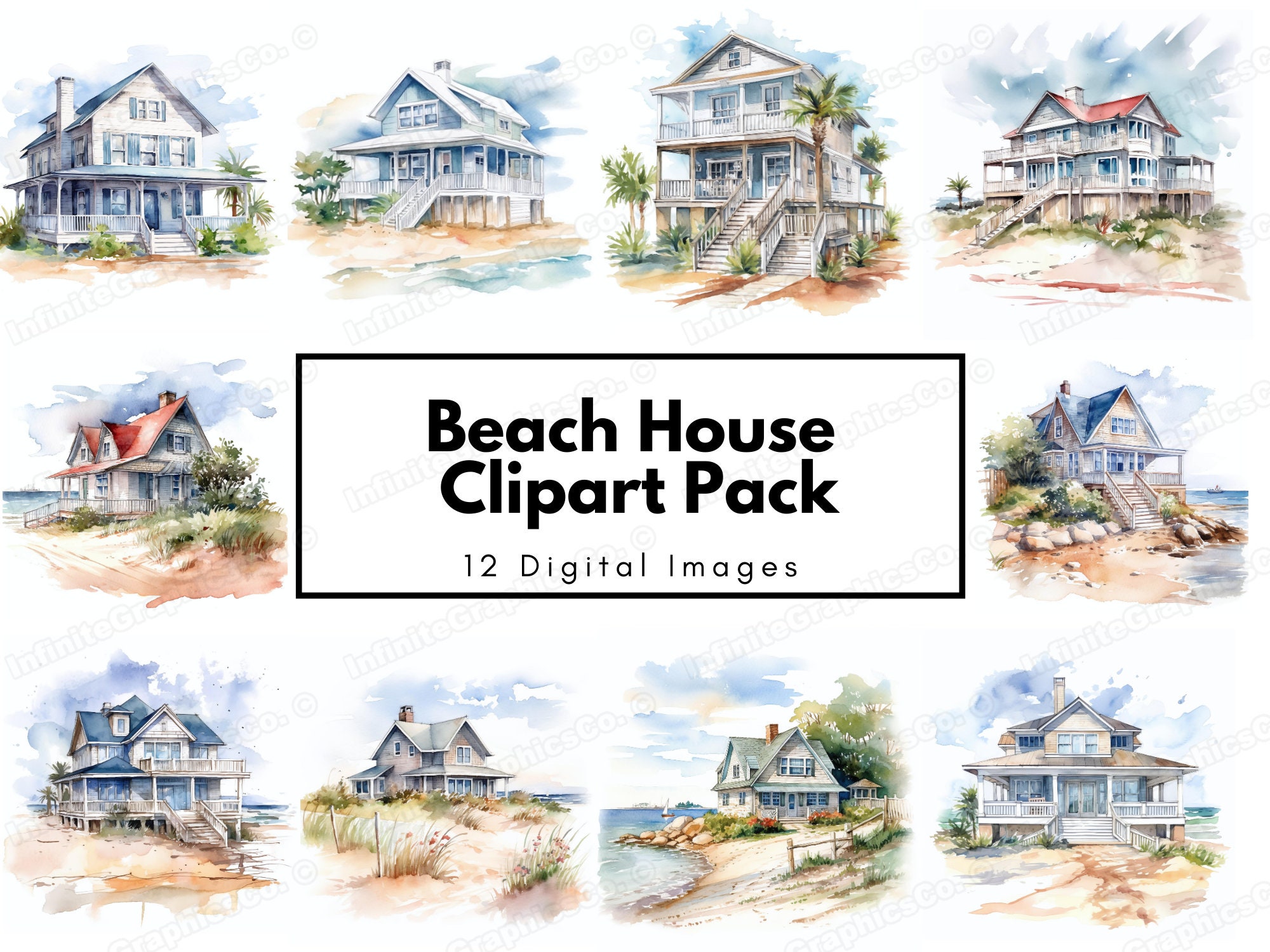 Watercolor Beach House Clipart High-quality Printable Jpgs - Etsy