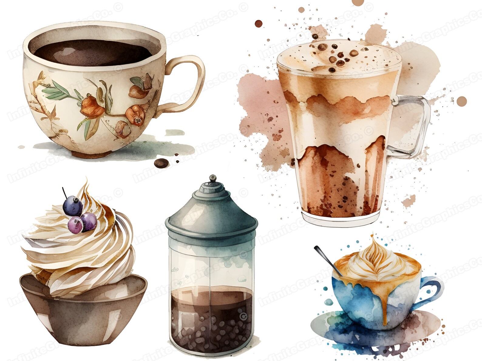 50 Watercolor Coffee Clip Art, Coffee Cup Clipart Bundle, Coffee Mug ...