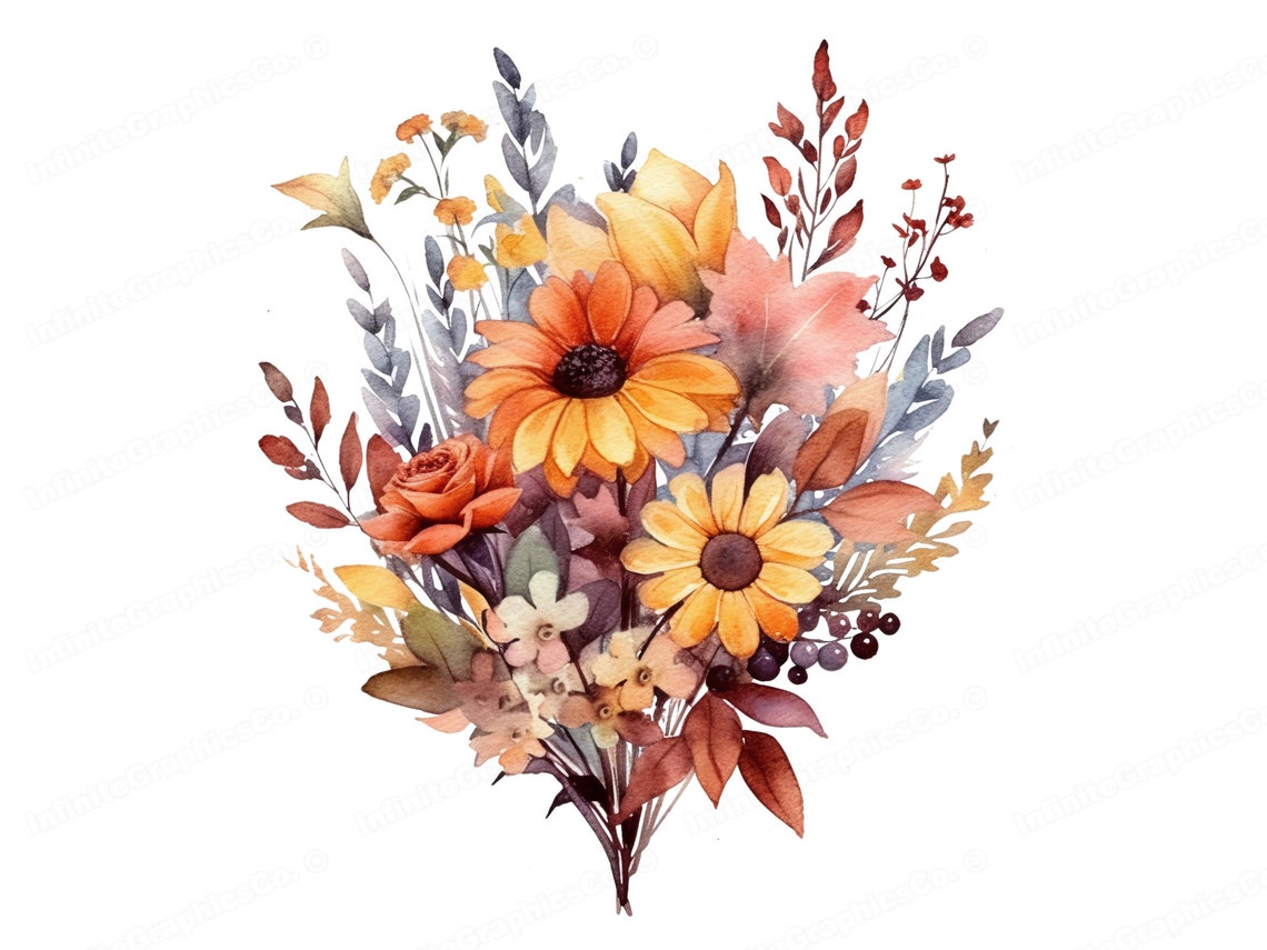 Watercolor Autumn Flowers Clipart, Autumn Floral Decor, Autumn Clip Art ...