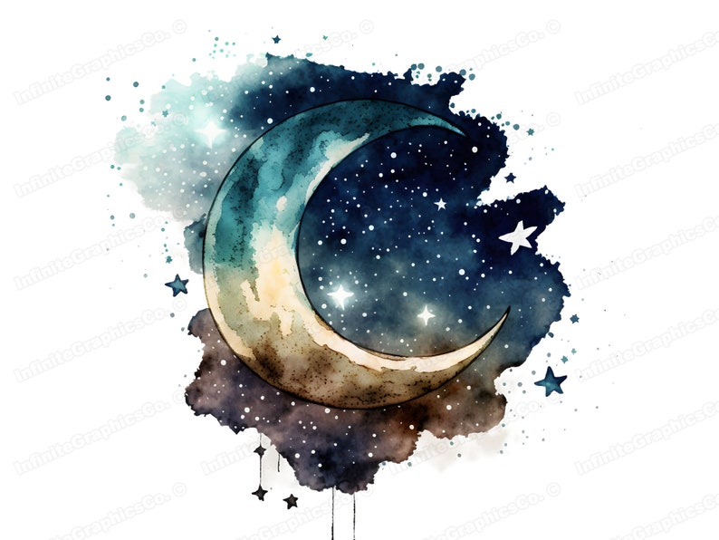 Watercolor Moons Clipart, Crescent Moon Clipart, Moon PNG Pack, Night ...