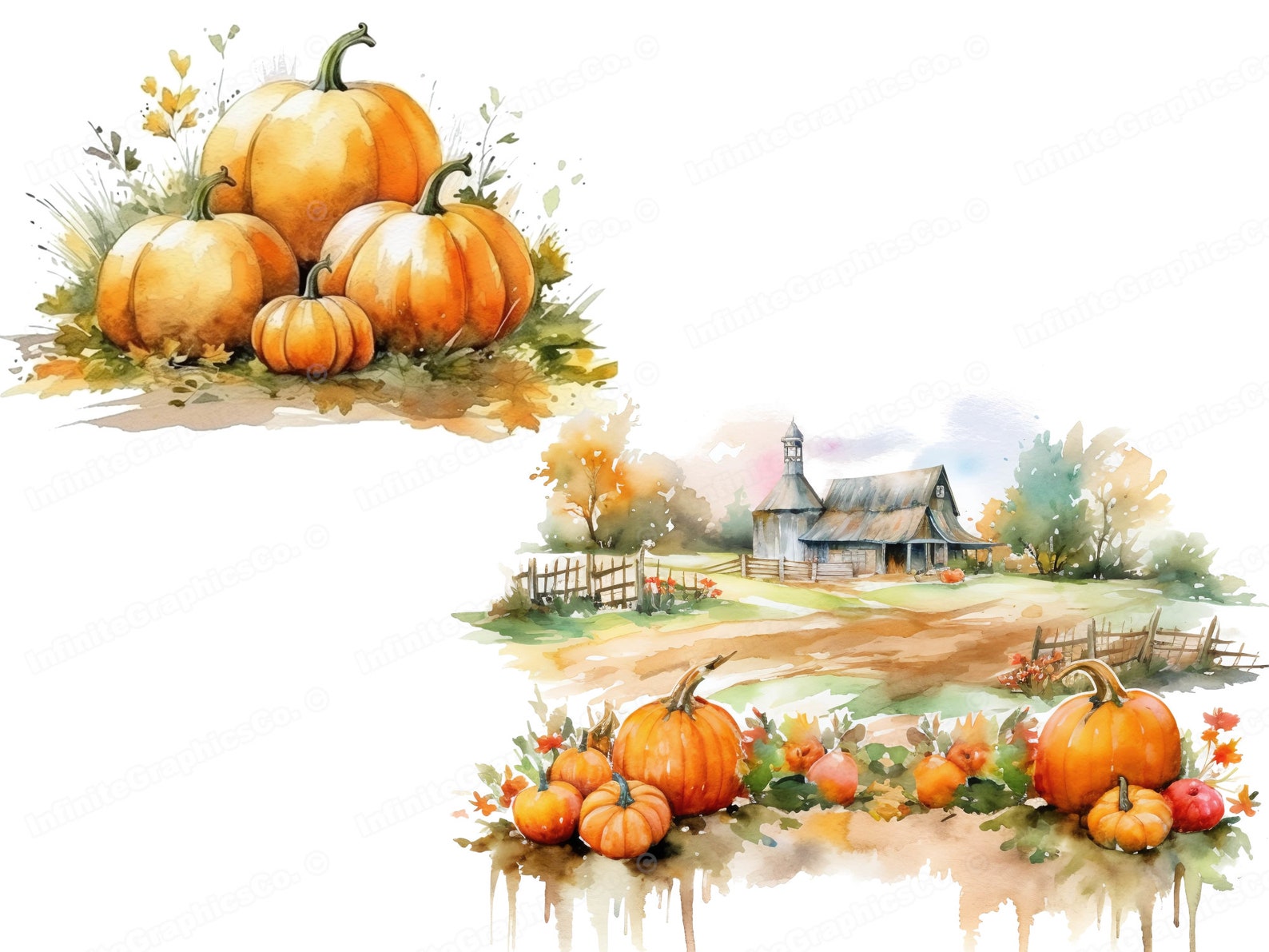 Watercolor Pumpkin Patch Clipart Jpgs, Pumpkin Clipart, Autumn Clipart ...