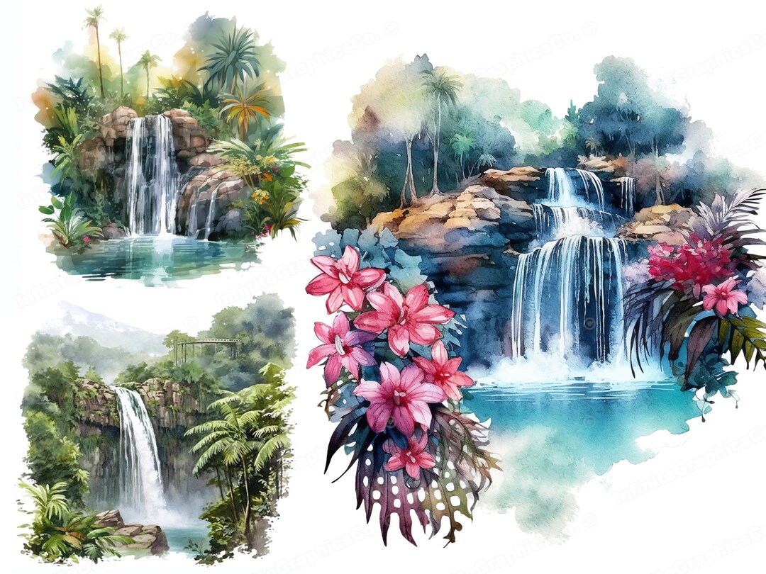 Watercolor Tropical Waterfall Clipart, Tropics Clipart, Tropical ...