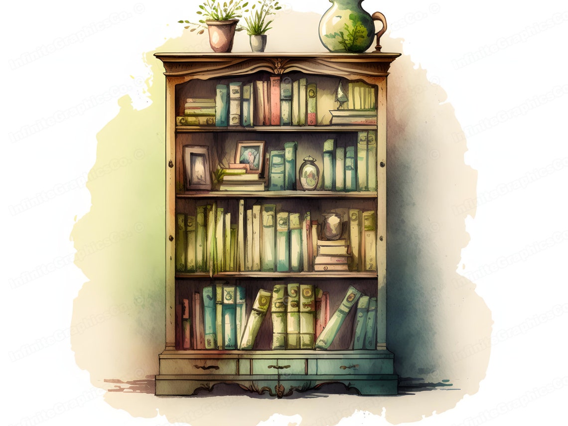 10 Watercolor Bookshelf Clipart Bundle, Bookshelves PNG, Booklover ...