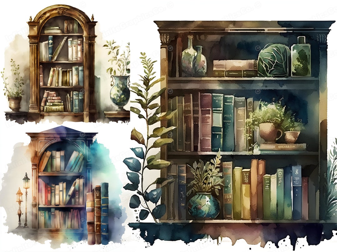 10 Watercolor Bookshelf Clipart Bundle, Bookshelves PNG, Booklover ...