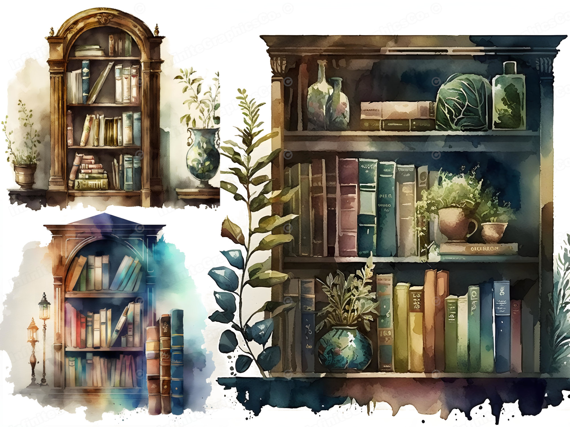 10 Watercolor Bookshelf Clipart Bundle, Bookshelves PNG, Booklover ...