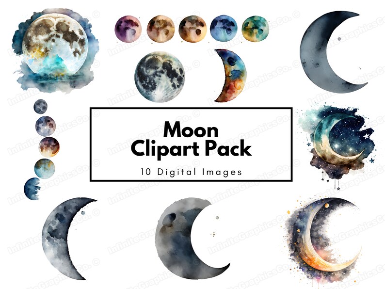 Watercolor Moons Clipart, Crescent Moon Clipart, Moon PNG Pack, Night ...