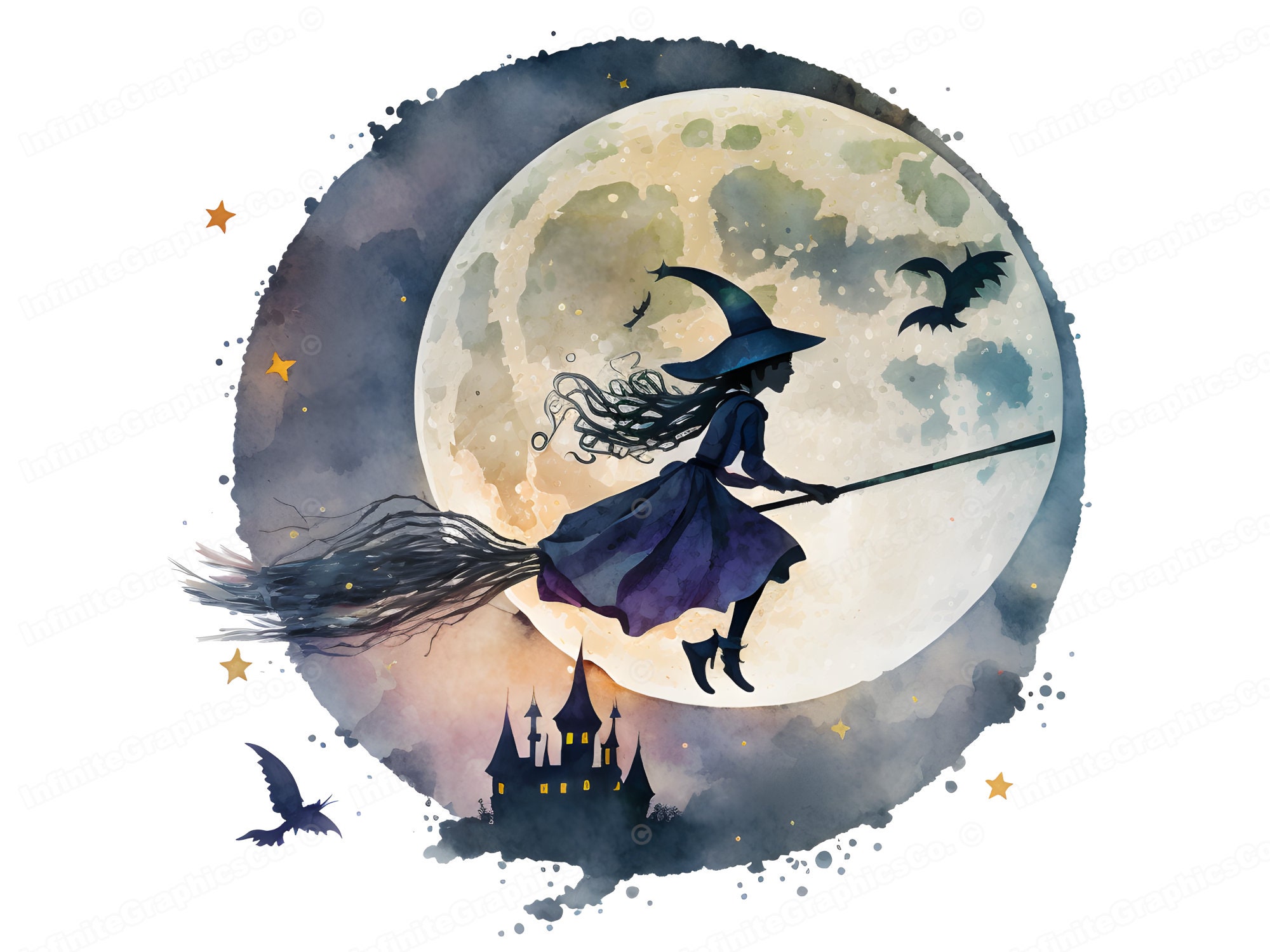 Lunar Witch Clipart Moon Witch Clipart Wiccan Halloween Clipart Watercolor Pngs Files For