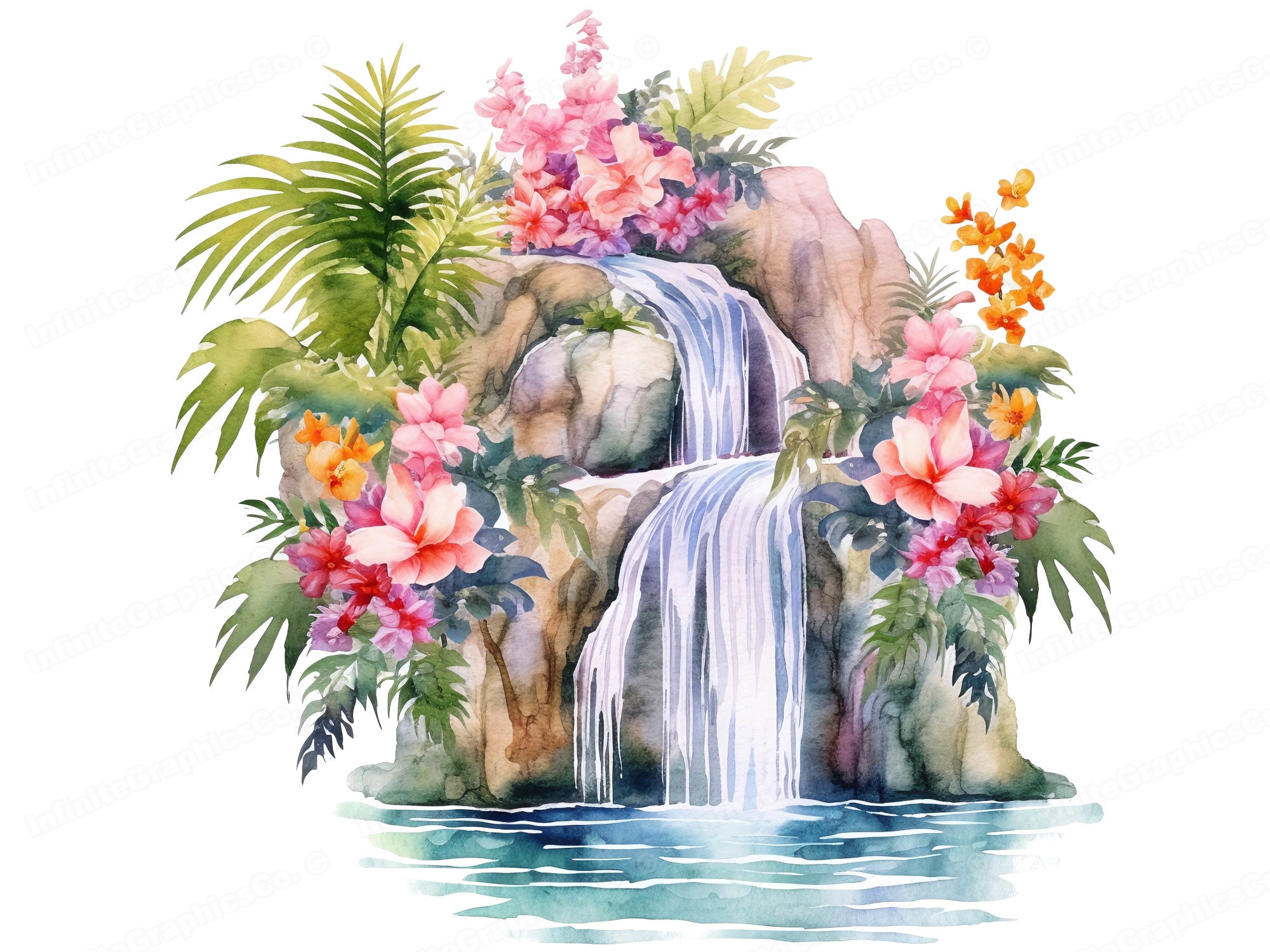 Watercolor Tropical Waterfall Clipart, Tropics Clipart, Tropical ...
