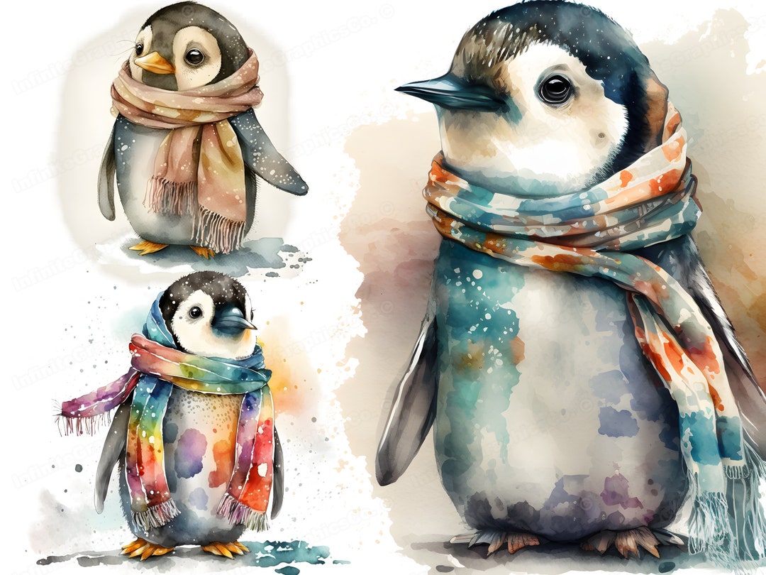9 Penguins in Scarves, Digital Illustration Bundle, Digital Crafting ...