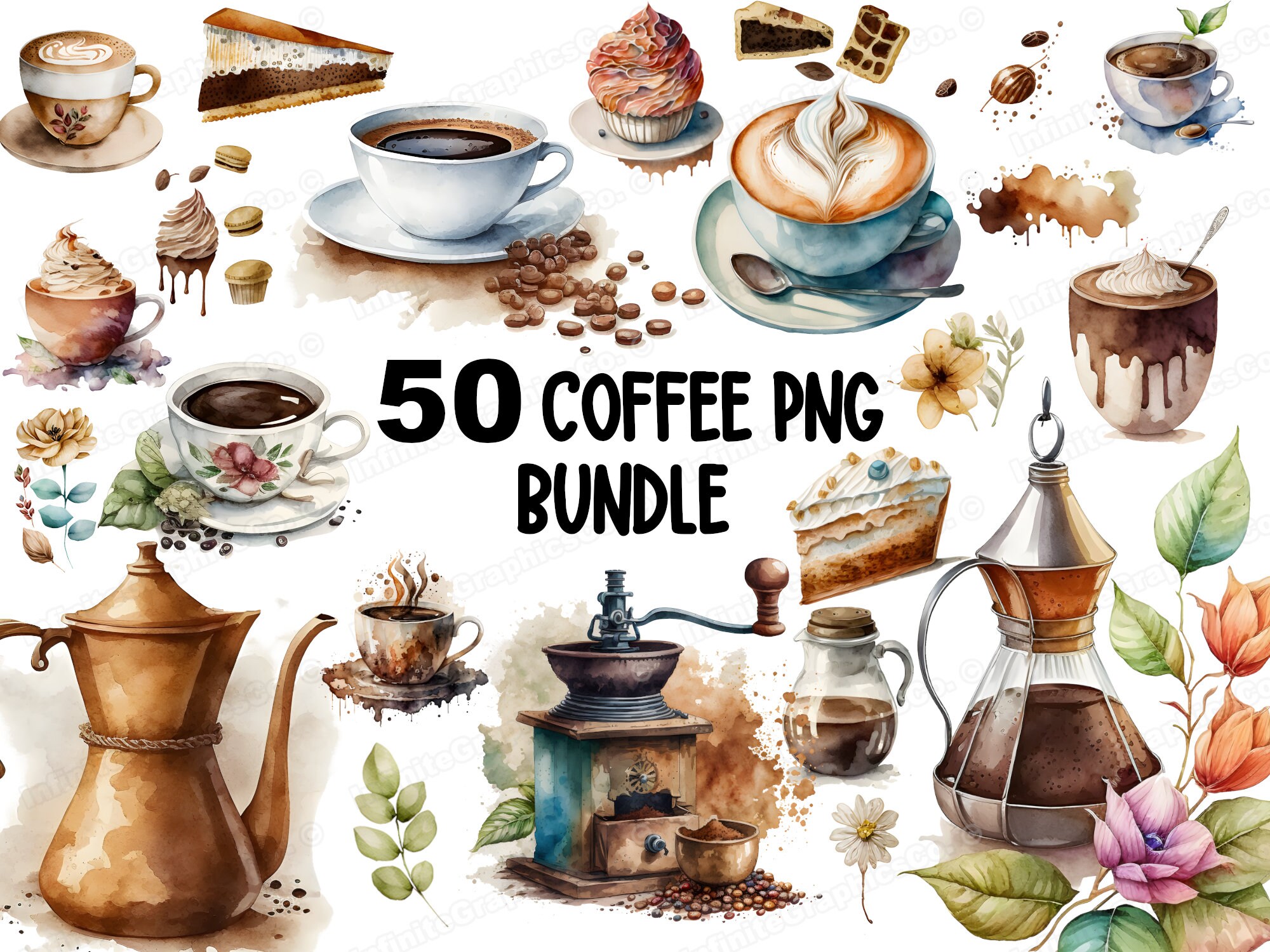 50 Watercolor Coffee Clip Art, Coffee Cup Clipart Bundle, Coffee Mug ...