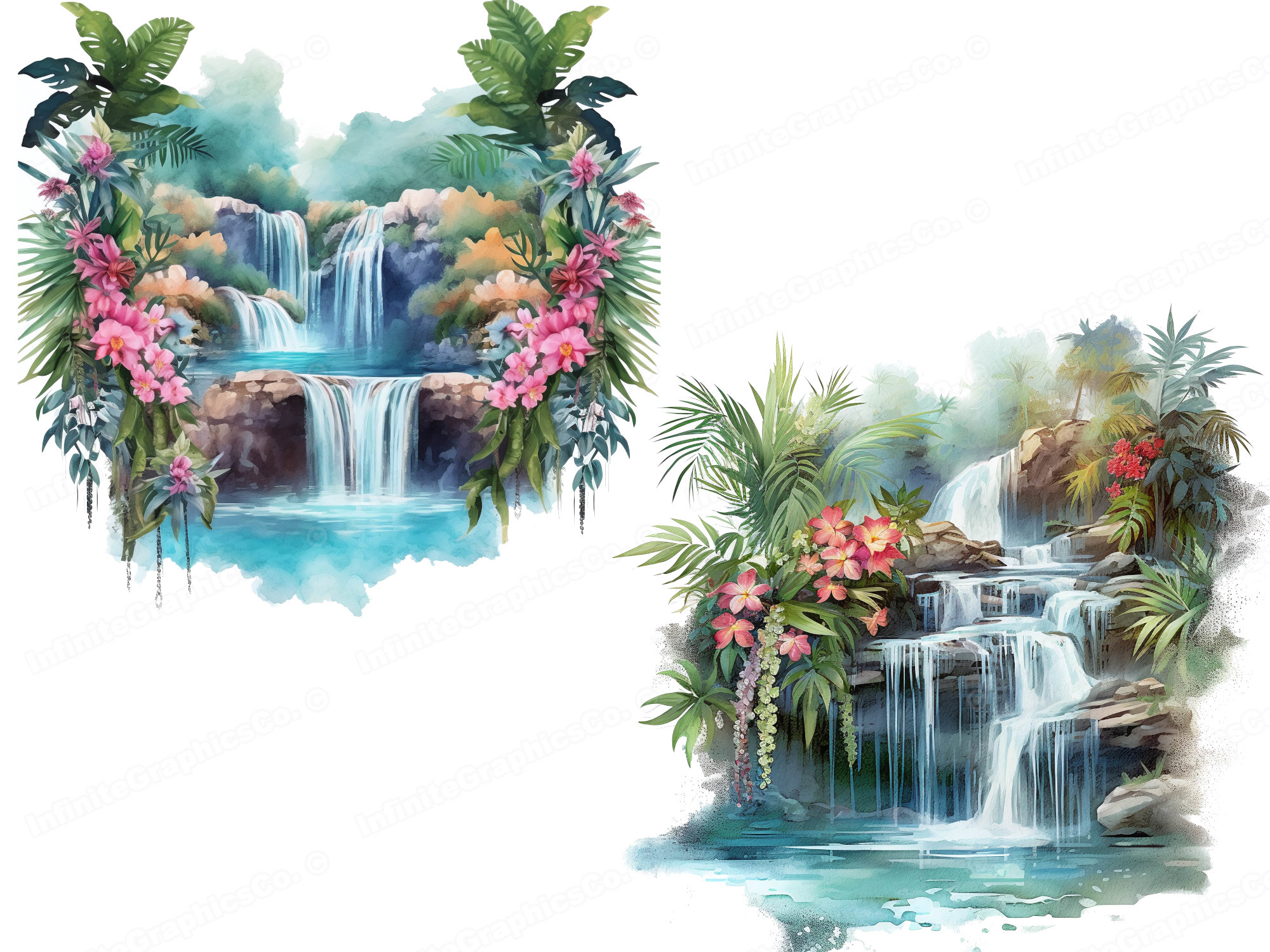 Watercolor Tropical Waterfall Clipart, Tropics Clipart, Tropical ...