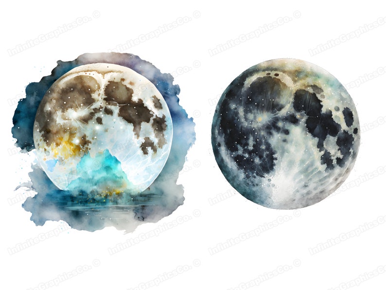 Watercolor Moons Clipart, Crescent Moon Clipart, Moon PNG Pack, Night ...