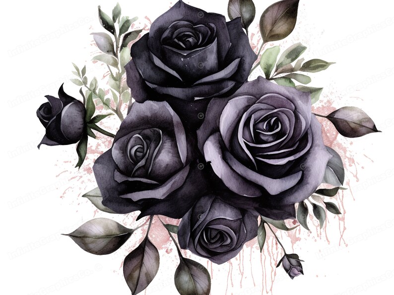 Watercolor Black Rose Clipart, Gothic Roses Clipart, Floral Clipart ...