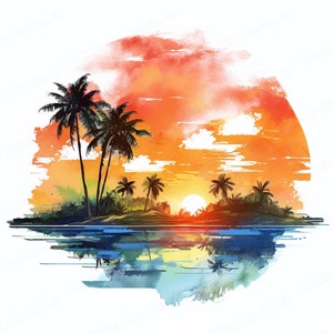 Watercolor Tropical Landscape Clipart, Tropical Sunsets, Beach ...
