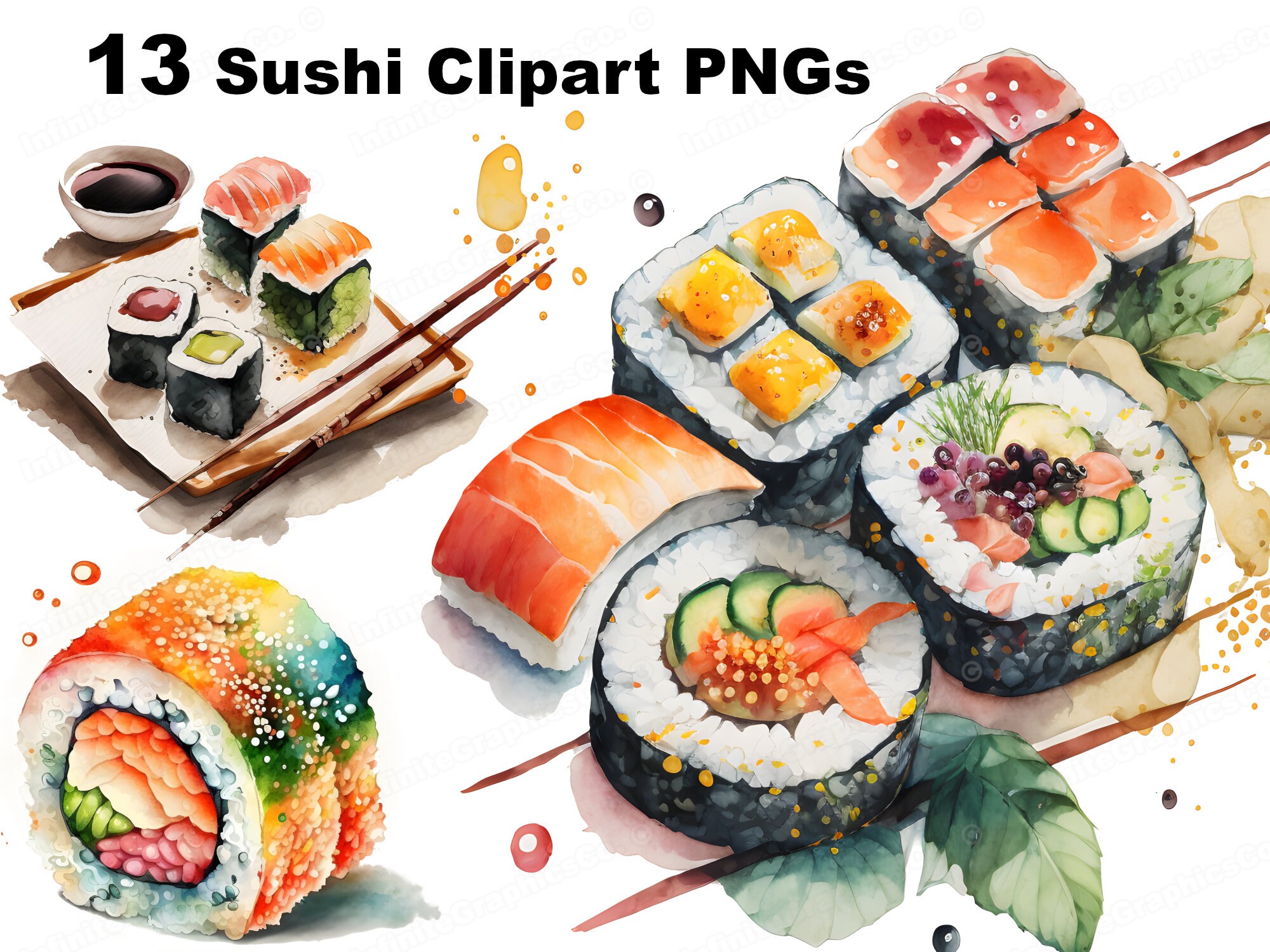 13 Watercolor Sushi Clipart, Food Clipart, Food Illustration, Japanese ...