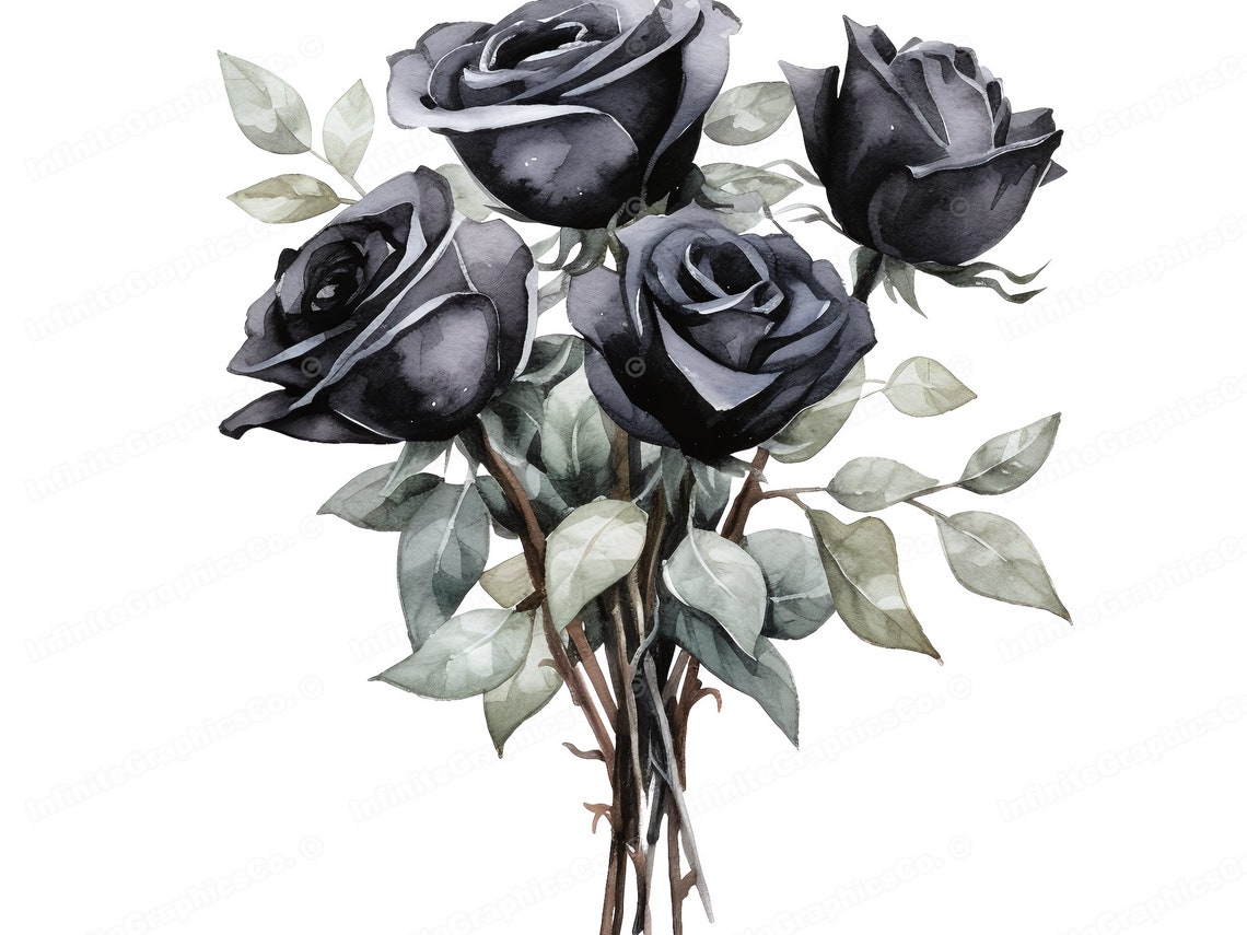 Watercolor Black Rose Clipart, Gothic Roses Clipart, Floral Clipart ...