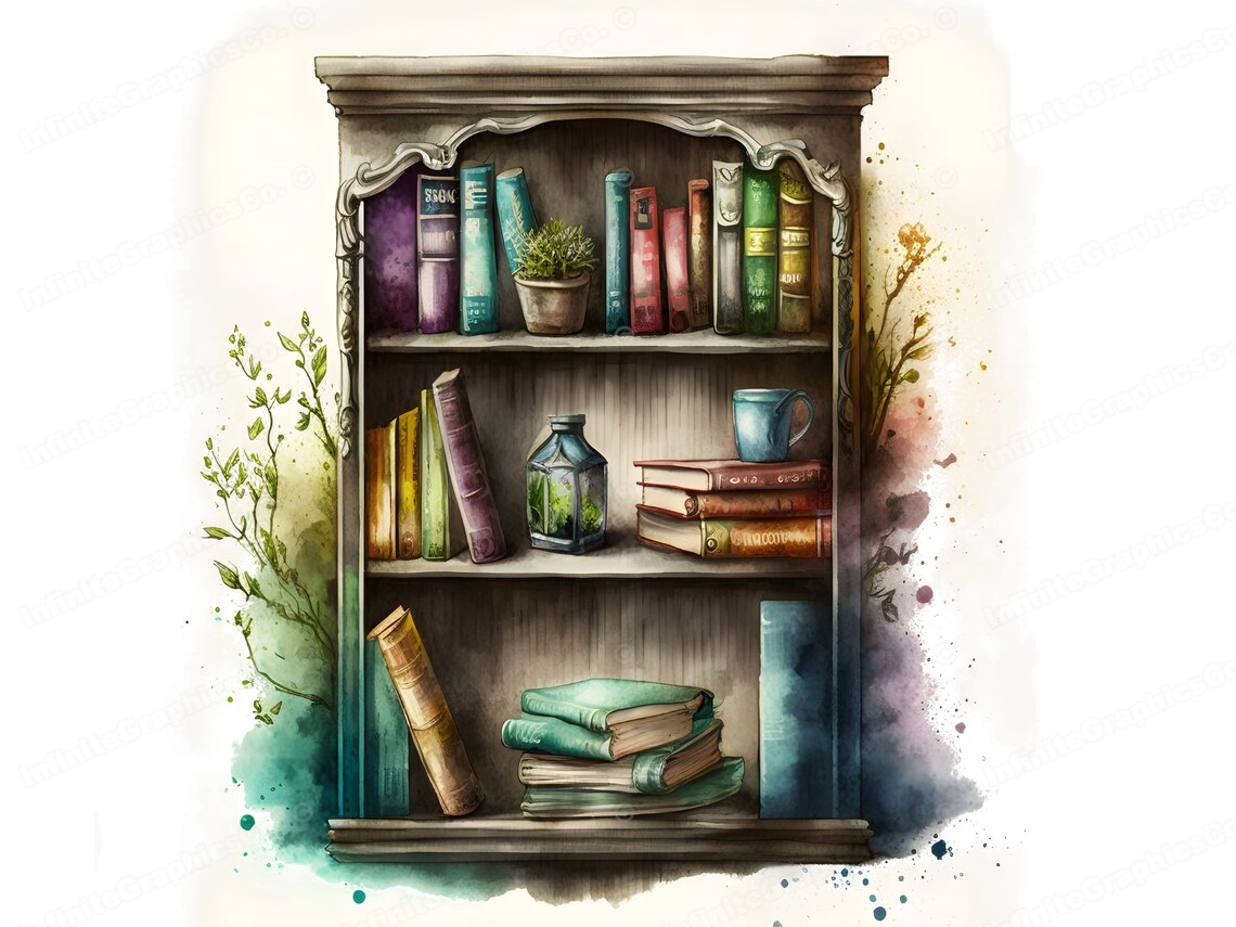10 Watercolor Bookshelf Clipart Bundle, Bookshelves PNG, Booklover ...