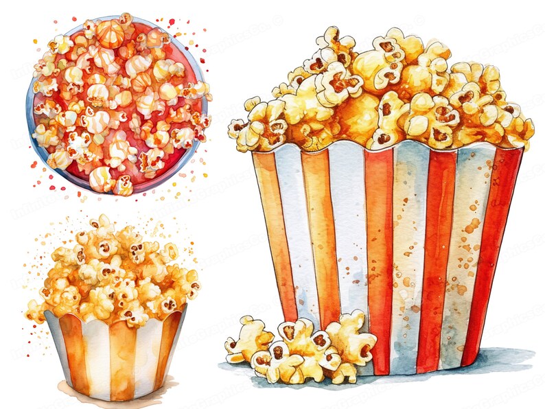 Watercolor Popcorn Clipart, Movie Watercolor Clipart, Cinema Clipart ...