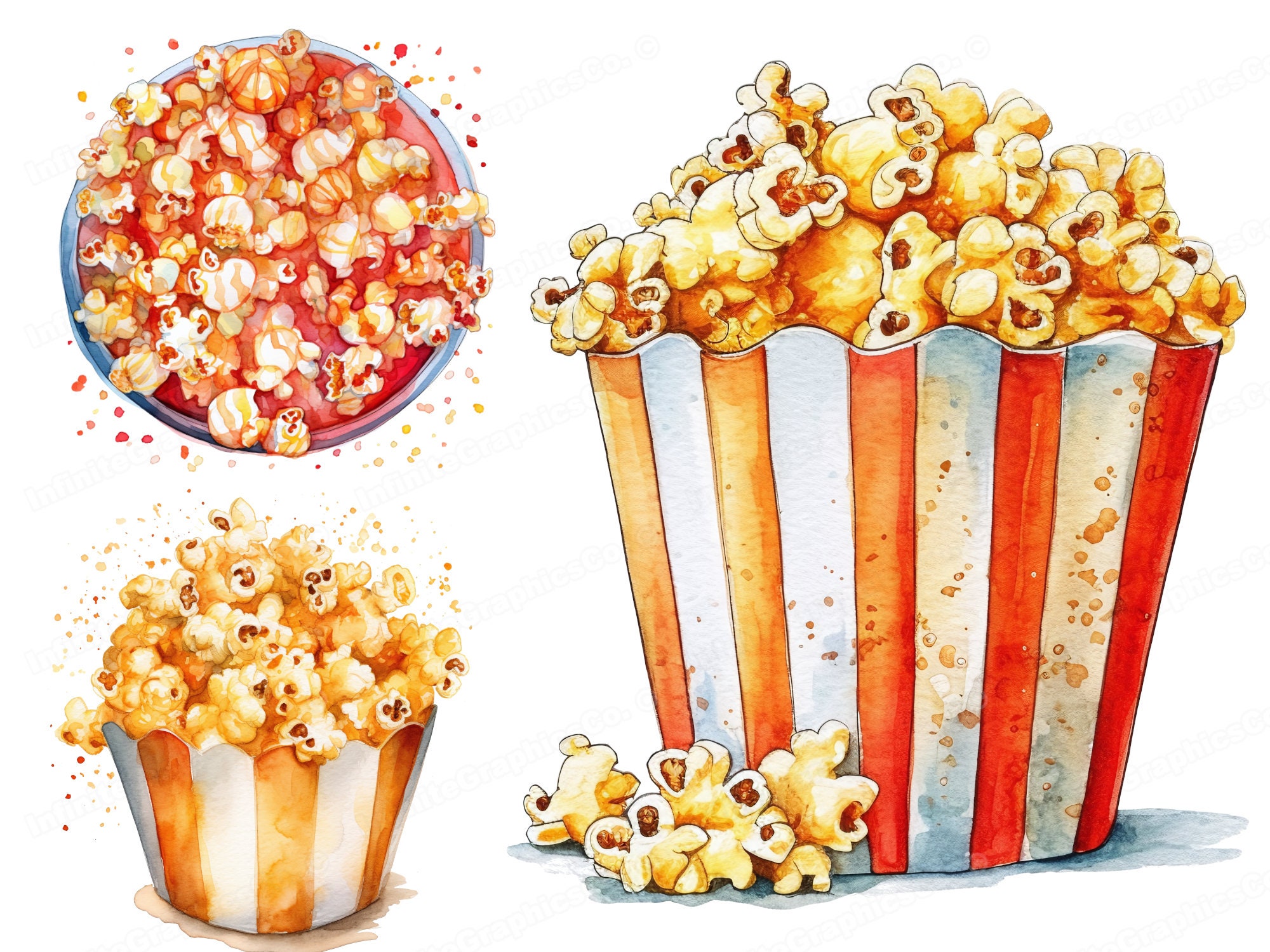 Watercolor Popcorn Clipart, Movie Watercolor Clipart, Cinema Clipart ...