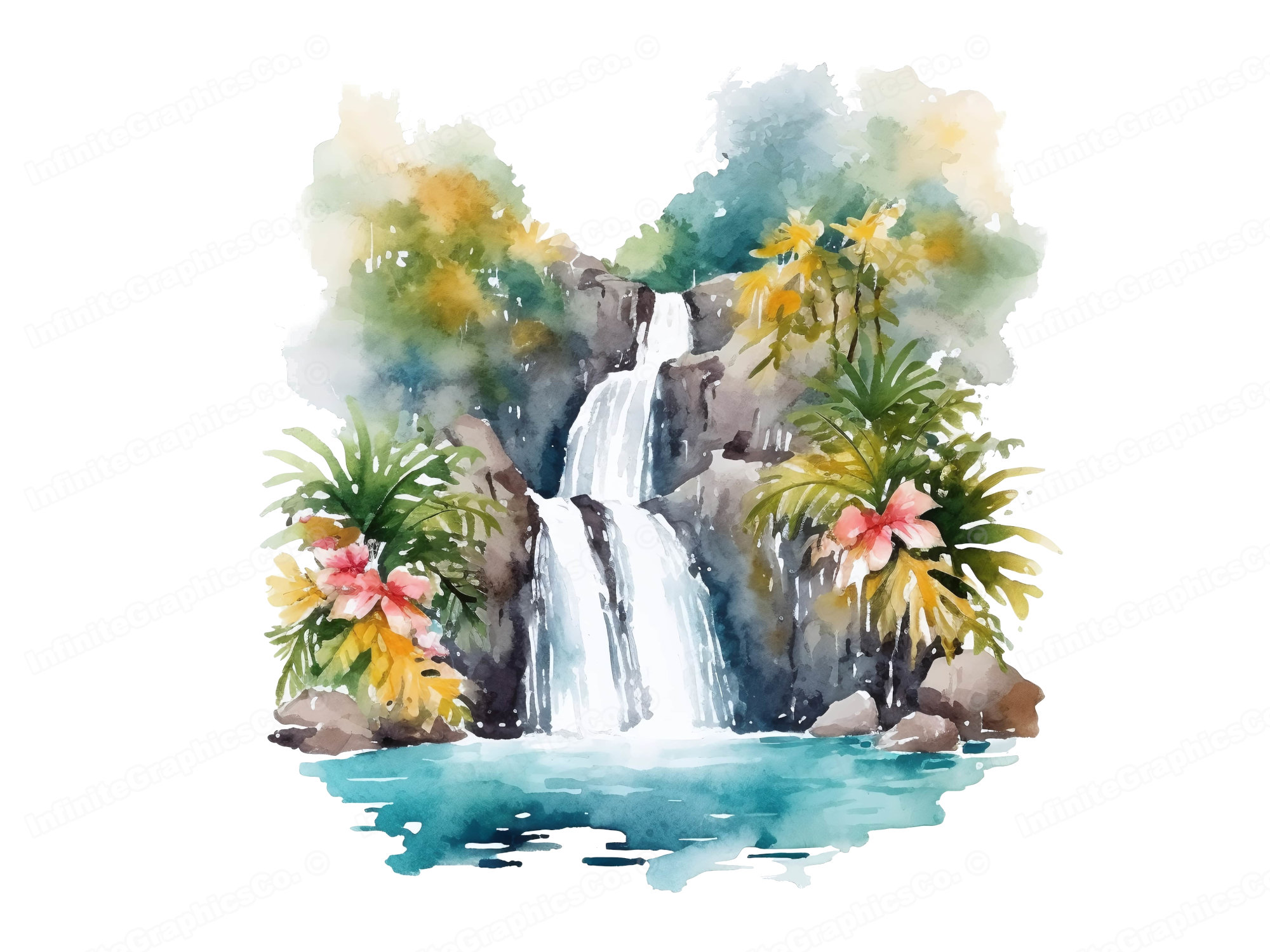 Watercolor Tropical Waterfall Clipart, Tropics Clipart, Tropical ...