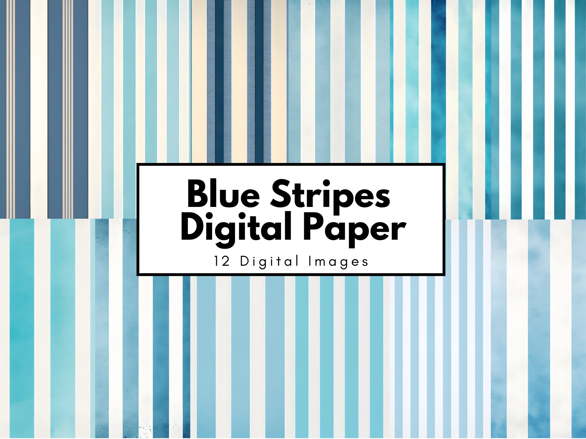 Watercolor Blue Stripes Digital Paper - Collection of 12 JPG Blue ...