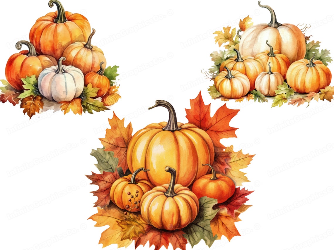 Watercolor Autumn Pumpkin Clipart, Autumn Clip Art, Fall Clipart ...