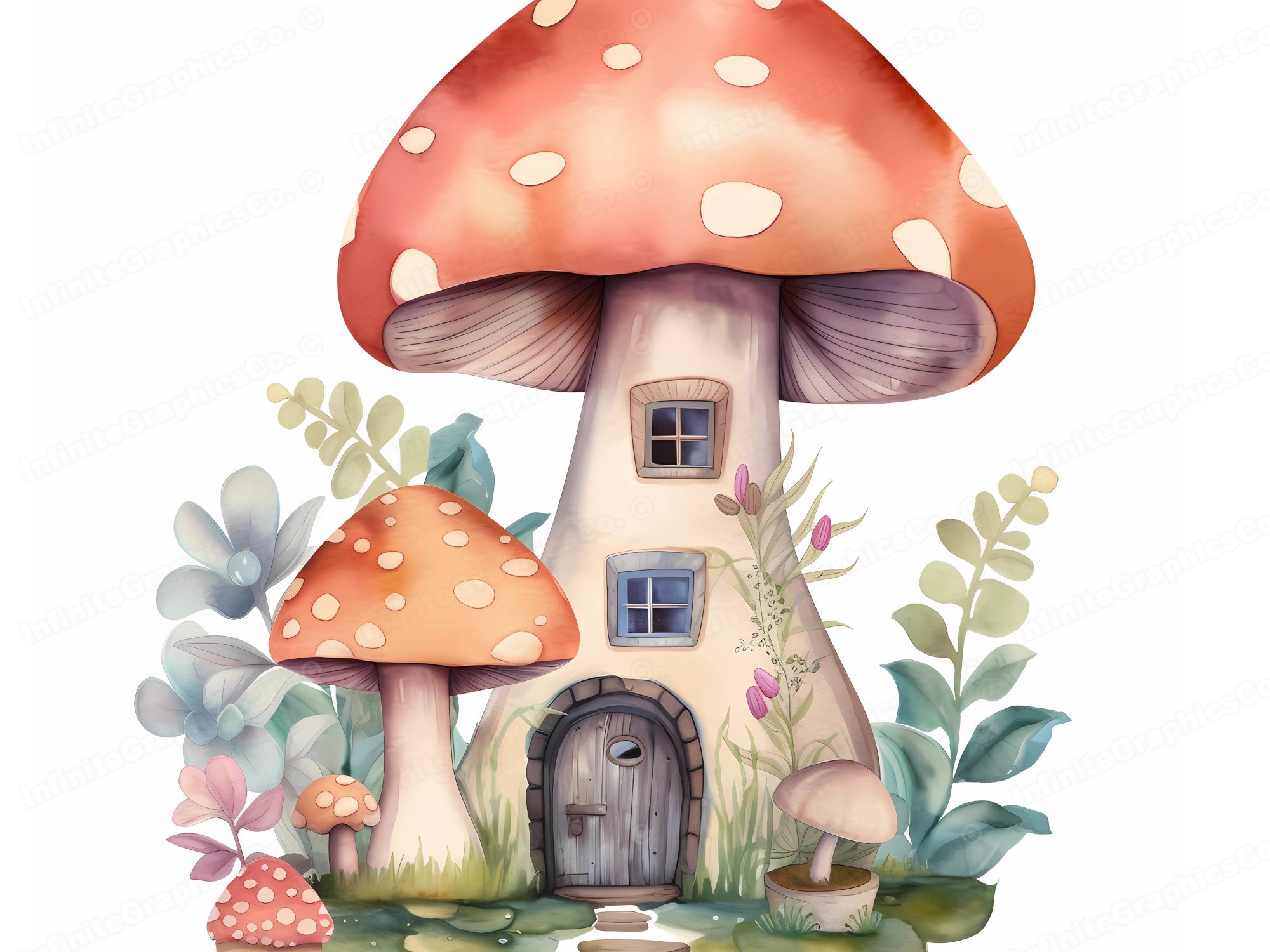 16 Mushroom Fairy House Illustration Bundle, Watercolor Nursery Art ...
