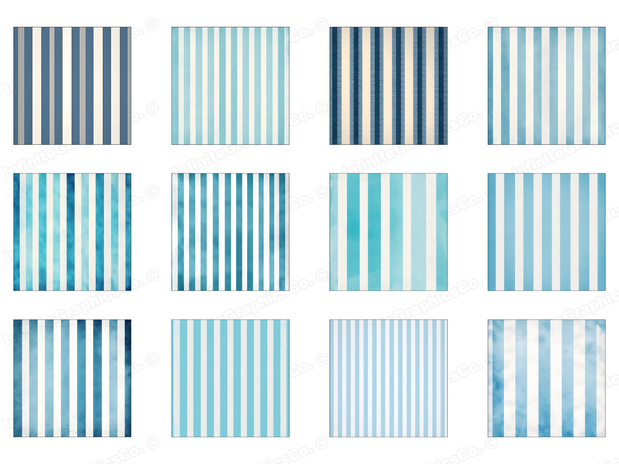 Watercolor Blue Stripes Digital Paper - Collection of 12 JPG Blue ...