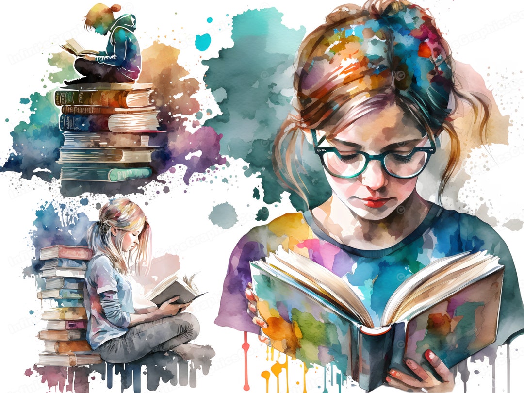 8 Booklover Clipart, Reading Watercolor Clipart, Bookworm Clipart ...