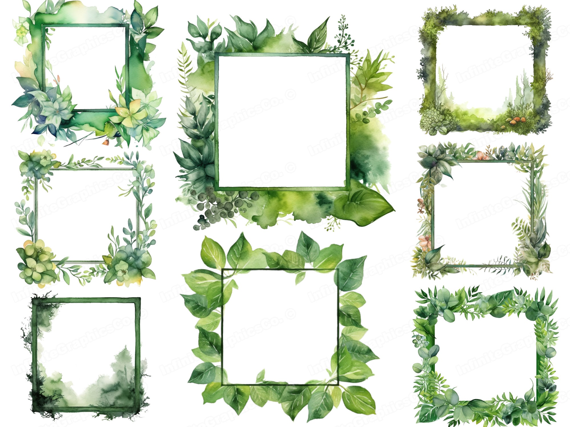 Watercolor Green Frame Clipart, Green Frames Illustrations, Floral ...