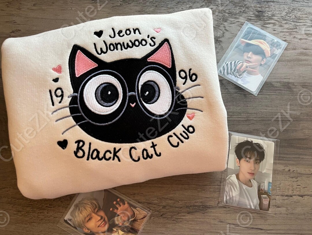 Won Idol Woo Black Cat Embroidered Sweatshirt - Etsy