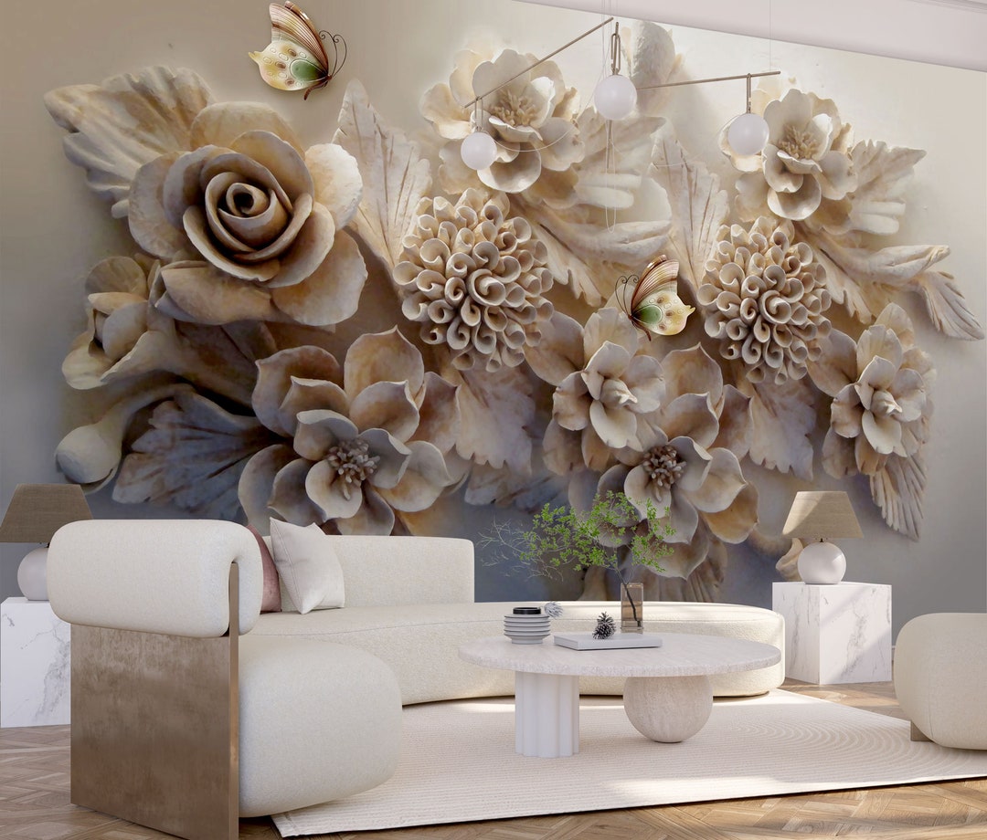3D Look Floral Wallpaper Mural, Beige Colors Flowers Peel and Stick ...