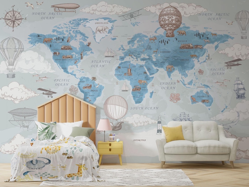 Kids World Map Wallpaper: Peel and Stick Animals Nursery Mural - Etsy