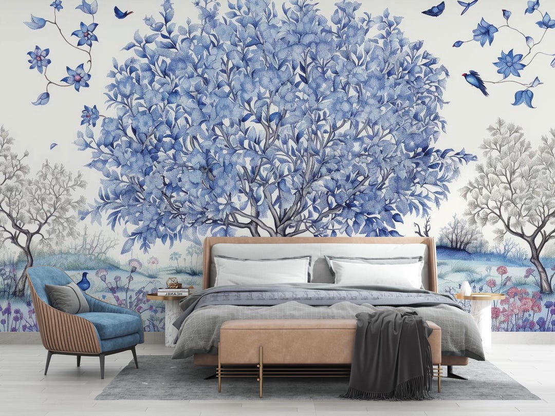 Chinoiserie Wallpaper, Blue Color Tree Peel and Stick Wall Mural ...