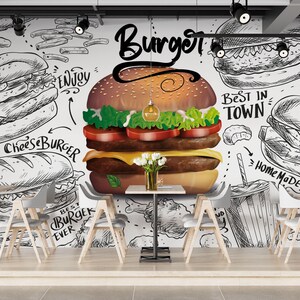 Burger Wall Mural: Hand-drawn Fast Food Wallpaper for Diner Decor - Etsy