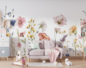 Watercolor Wild Flower Wallpaper, Summer Floral Wallpaper Peel and ...
