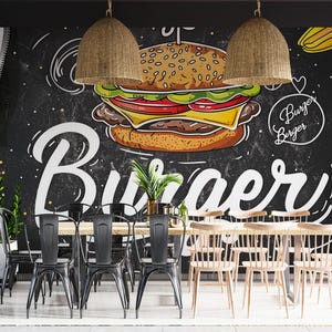 Burger Shop Wallpaper Mural: Fast Food Cafe Wall Mural Decor, Peel and ...