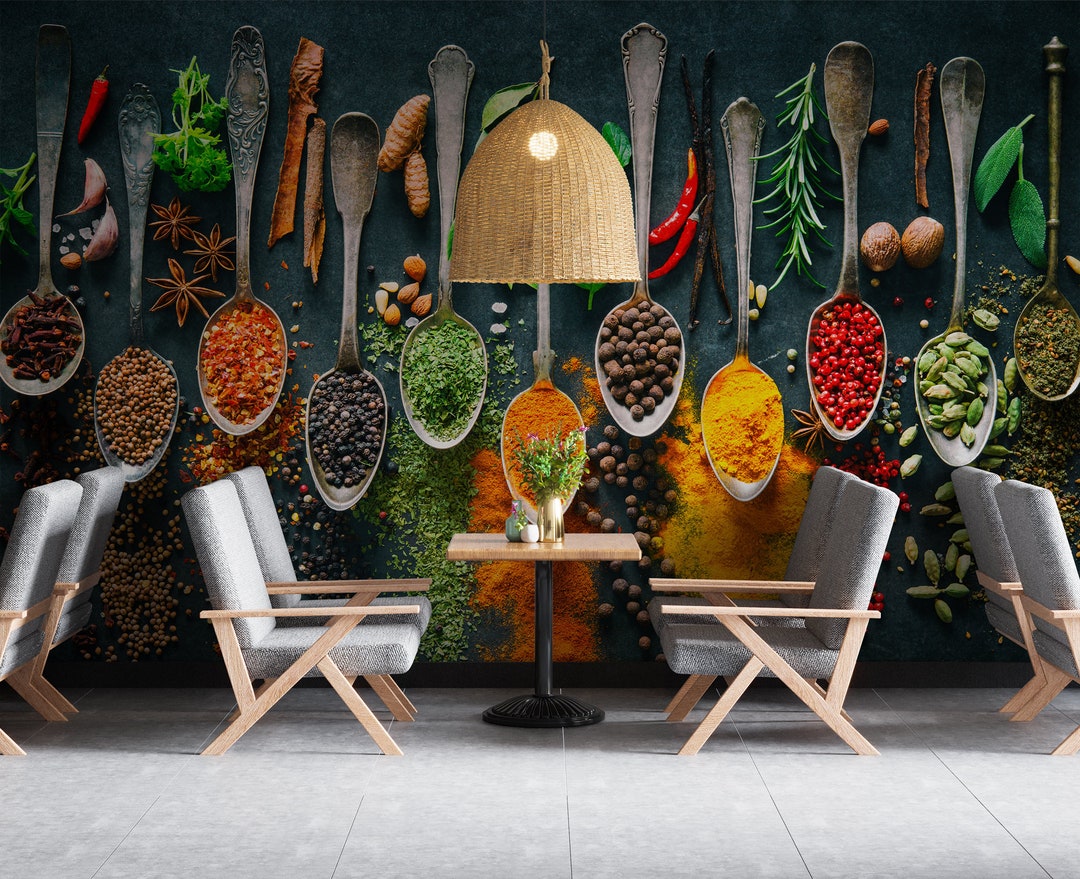 Customizable Kitchen Mural, Fast Food Wall Mural, Spices Wall Poster ...