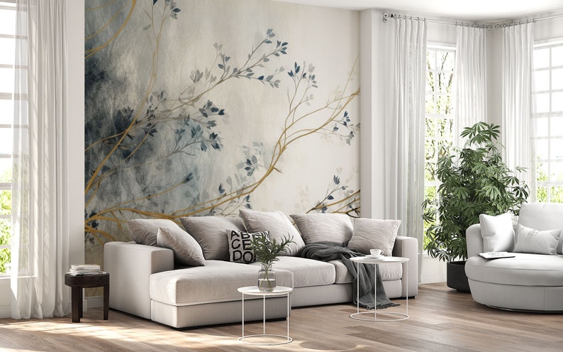 Gray Blue Floral Botanical Peel and Stick Wallpaper - Chinoiserie Tree ...