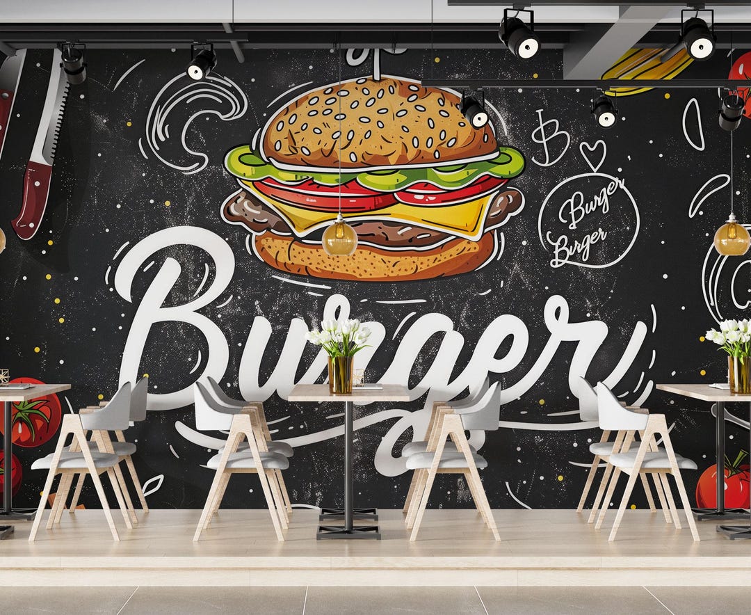 Burger Shop Wallpaper Mural: Fast Food Cafe Wall Mural Decor, Peel and ...