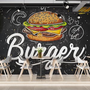 Burger Shop Wallpaper Mural: Fast Food Cafe Wall Mural Decor, Peel and ...