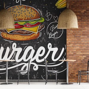 Burger Shop Wallpaper Mural: Fast Food Cafe Wall Mural Decor, Peel and ...