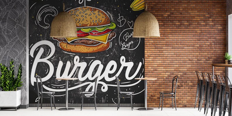 Burger Shop Wallpaper Mural: Fast Food Cafe Wall Mural Decor, Peel and ...